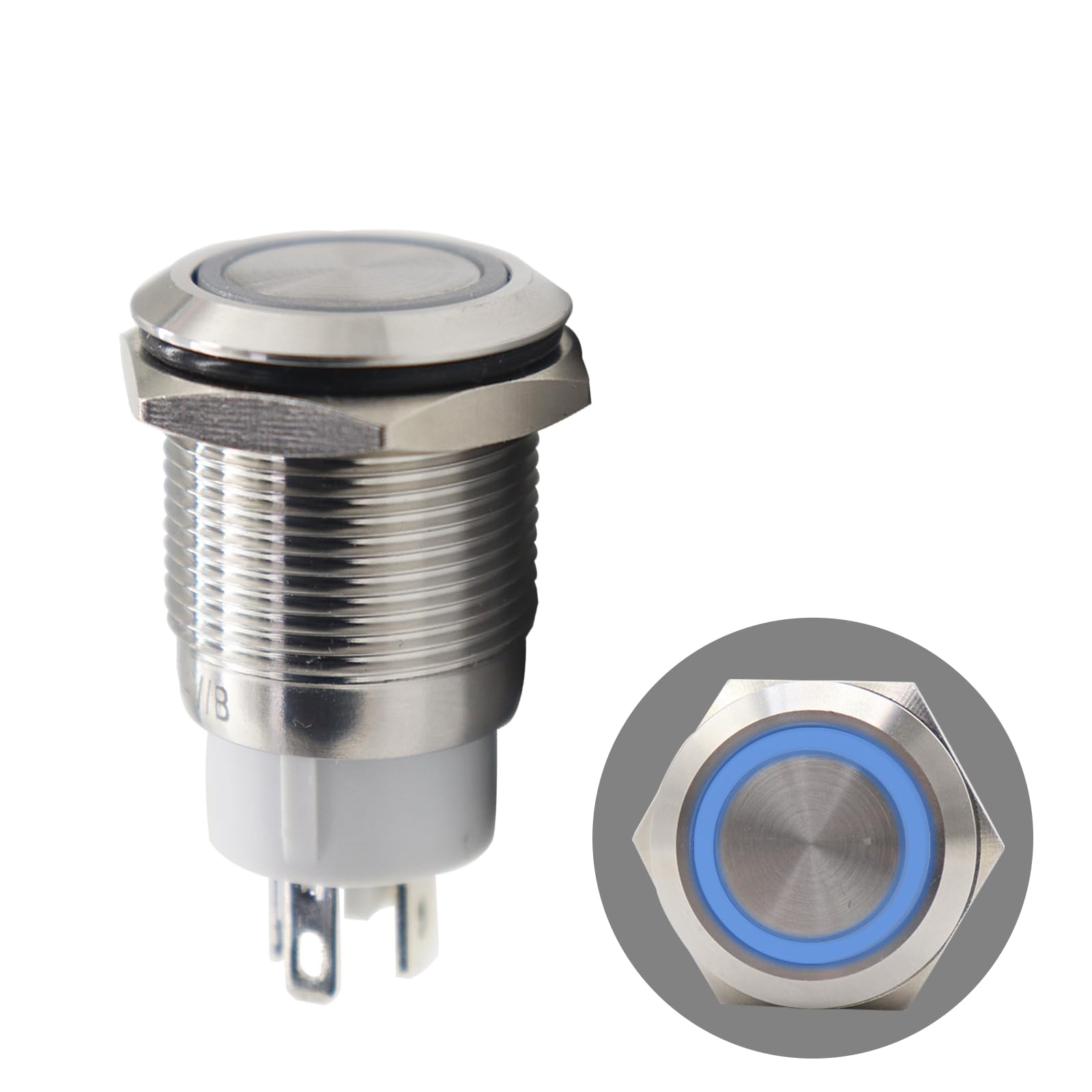 Ambuker 19mm Latching Pushbutton Switch 12V DC On/Off Waterproof Stainless Steel Blue LED Ring ...