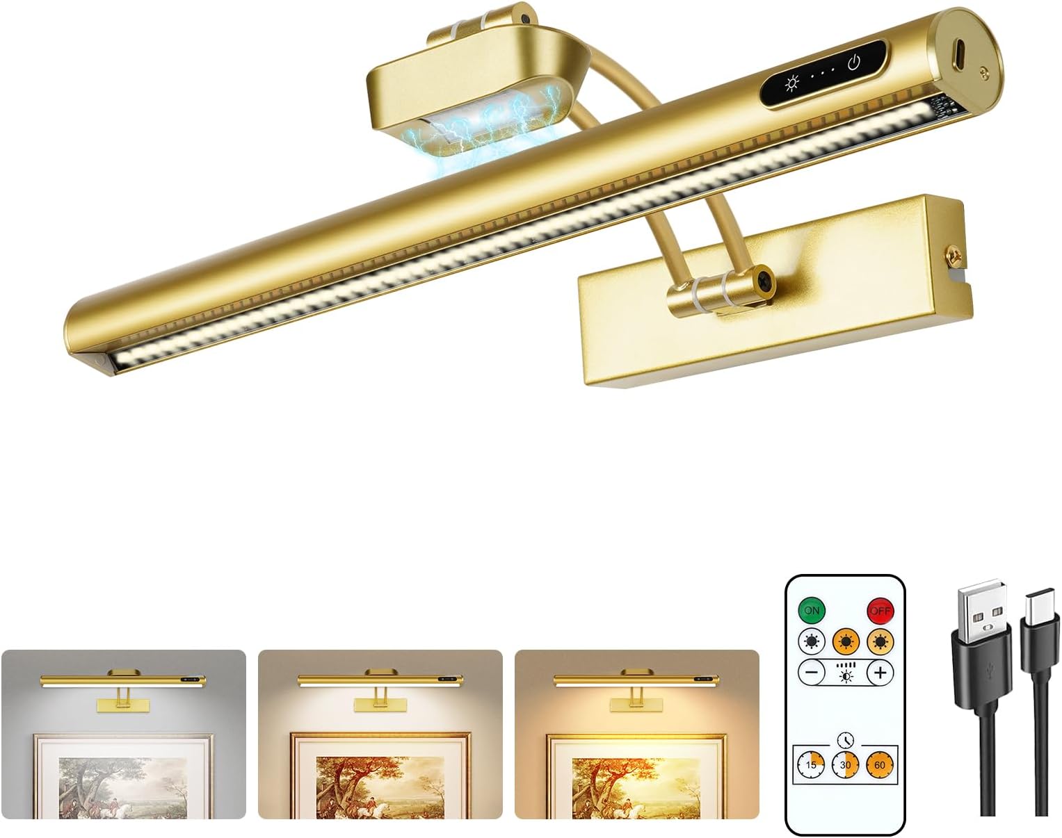 Picture Light with Remote, 15.35inch Wireless Rechargeable Battery Wall ...