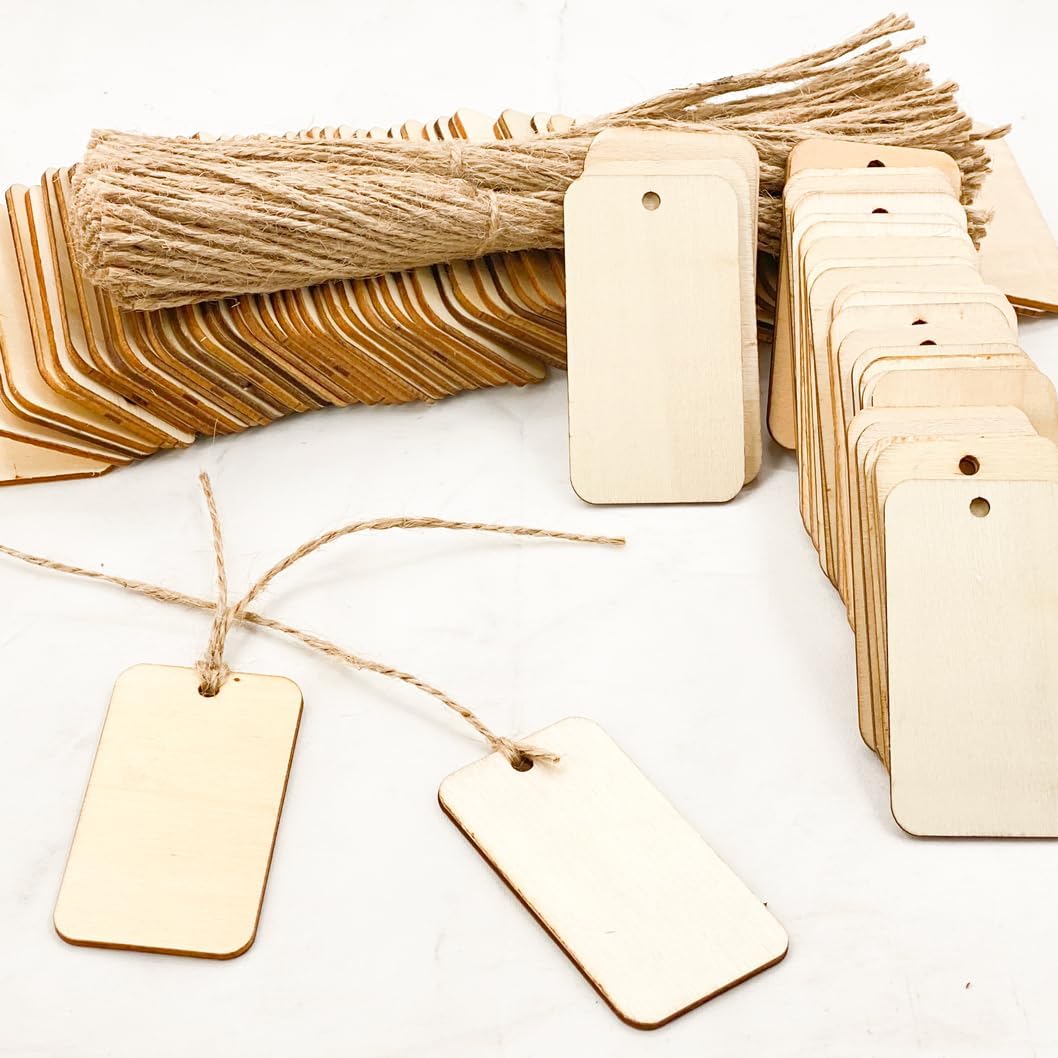 Amazon.com : 200 Pack 2.2 Inch Wood Tags with Hole and Twine, Clipped ...