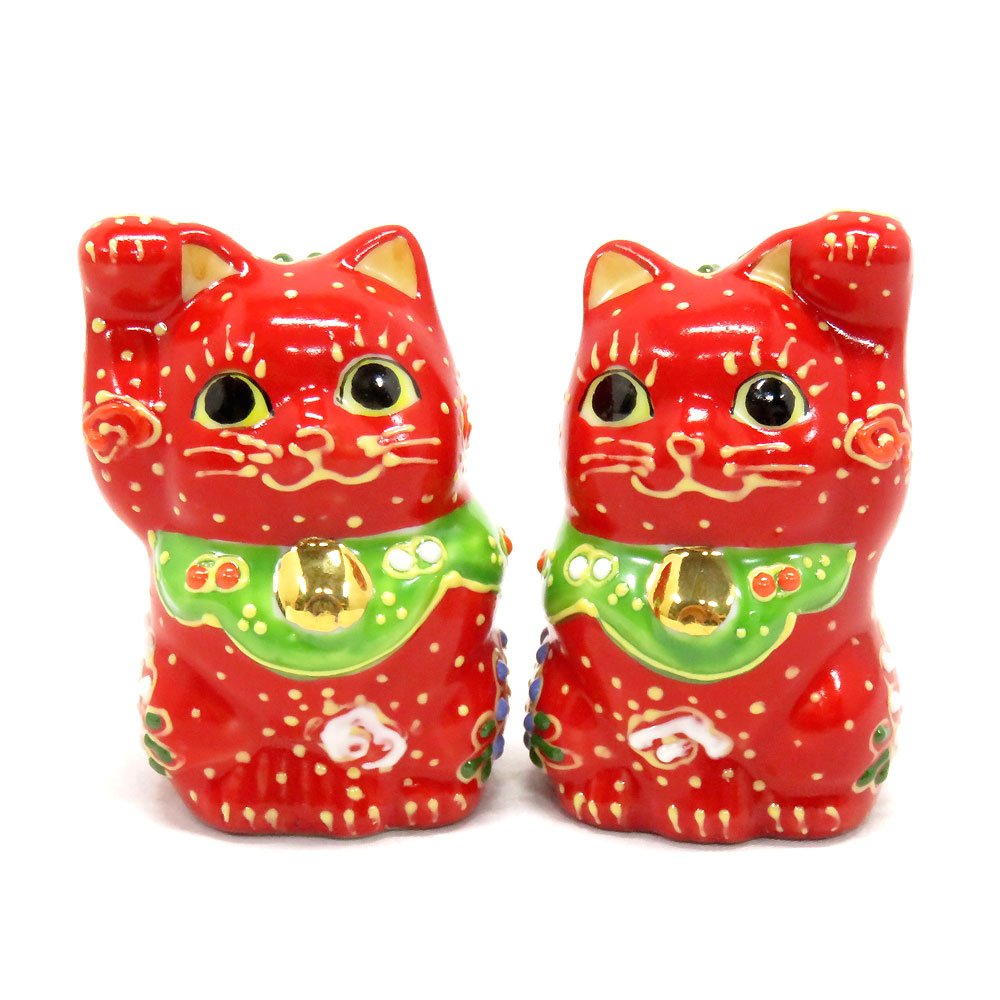 Amazon.com: Japanese Pair Maneki Neko Lucky Cats Red Kutani Ceramic ...