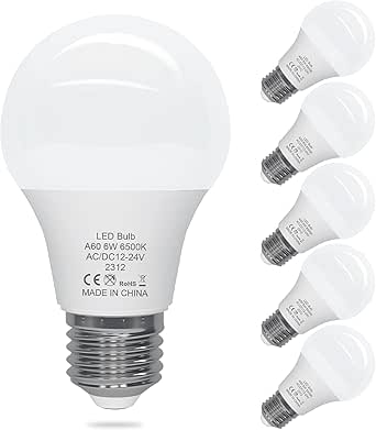 ORALUCE 12V LED Light Bulb Low Voltage,AC/DC 12-24V A19 E26 LED Bulb 60 Watt,6500K Cool White 12 ...