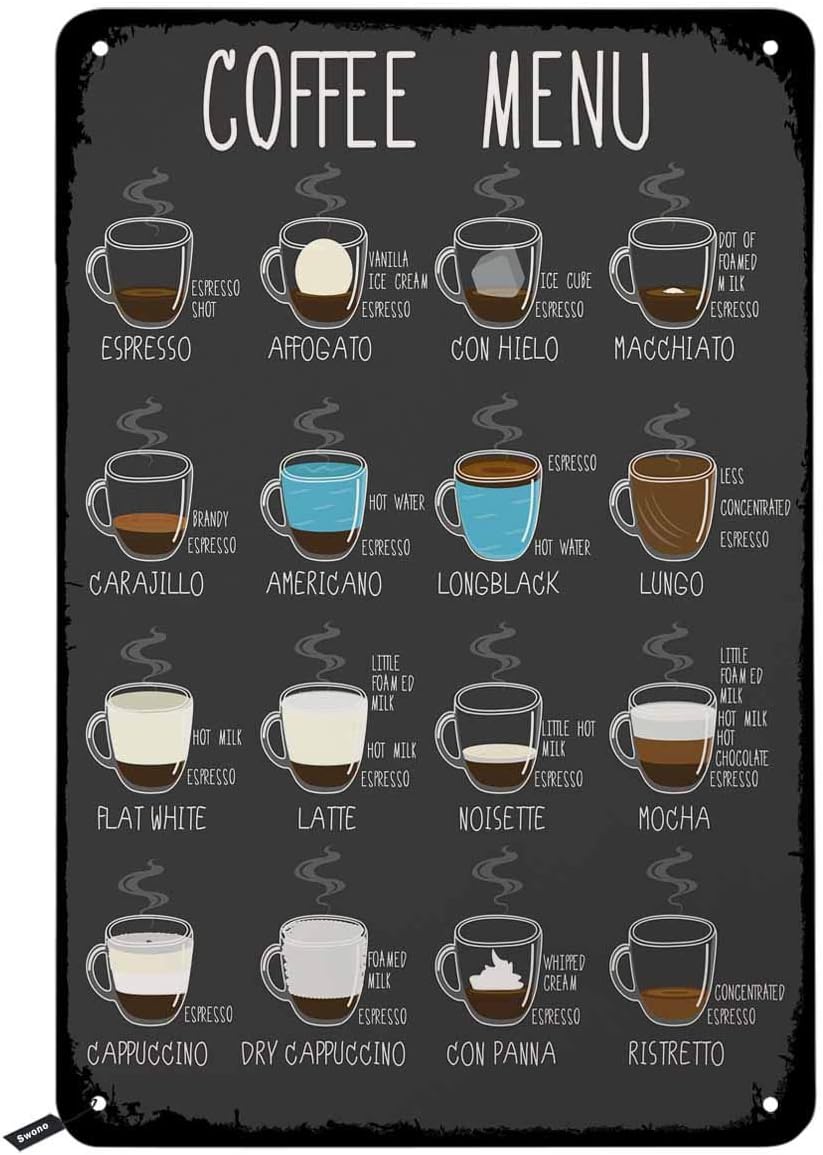 Amazon.com: ERLOOD Coffee Menu Know Your Coffee Tin Sign Wall Retro ...