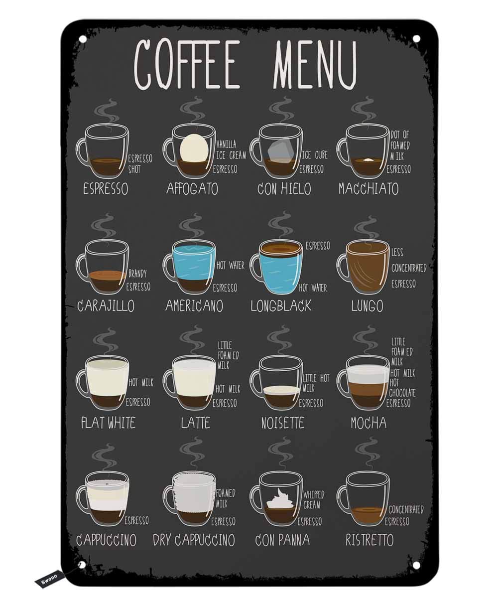 Swono Letreros de lata con menú de café, texto en inglés "Kinds of ...