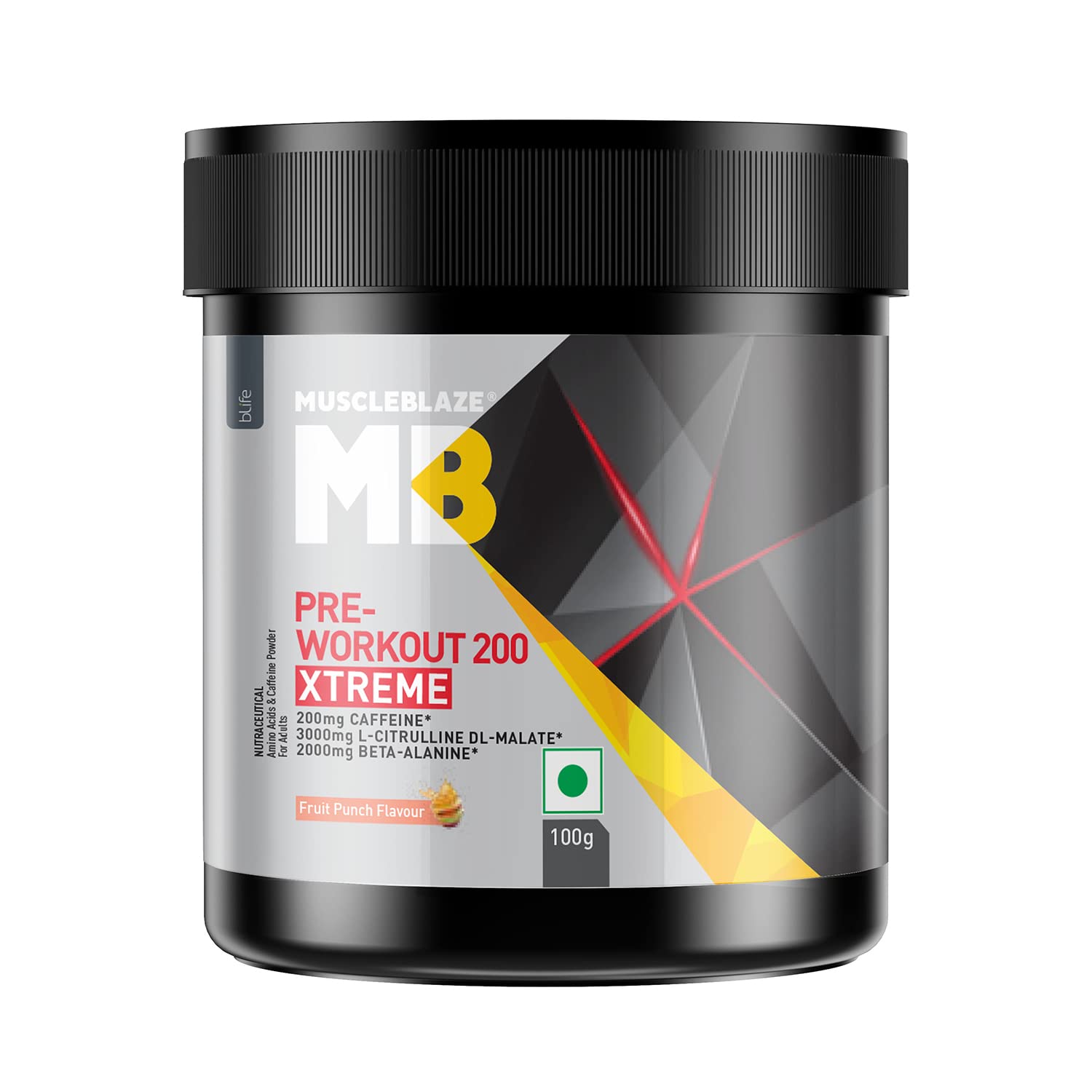 MuscleBlaze Pre Workout 200 Xtreme(Fruit Punch, 15 Servings, 100G ...