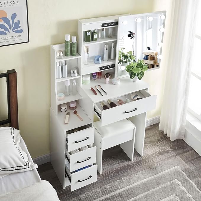 YAMISSI White Dressing Table Dressing Table Set with Sliding Mirror, 4 ...