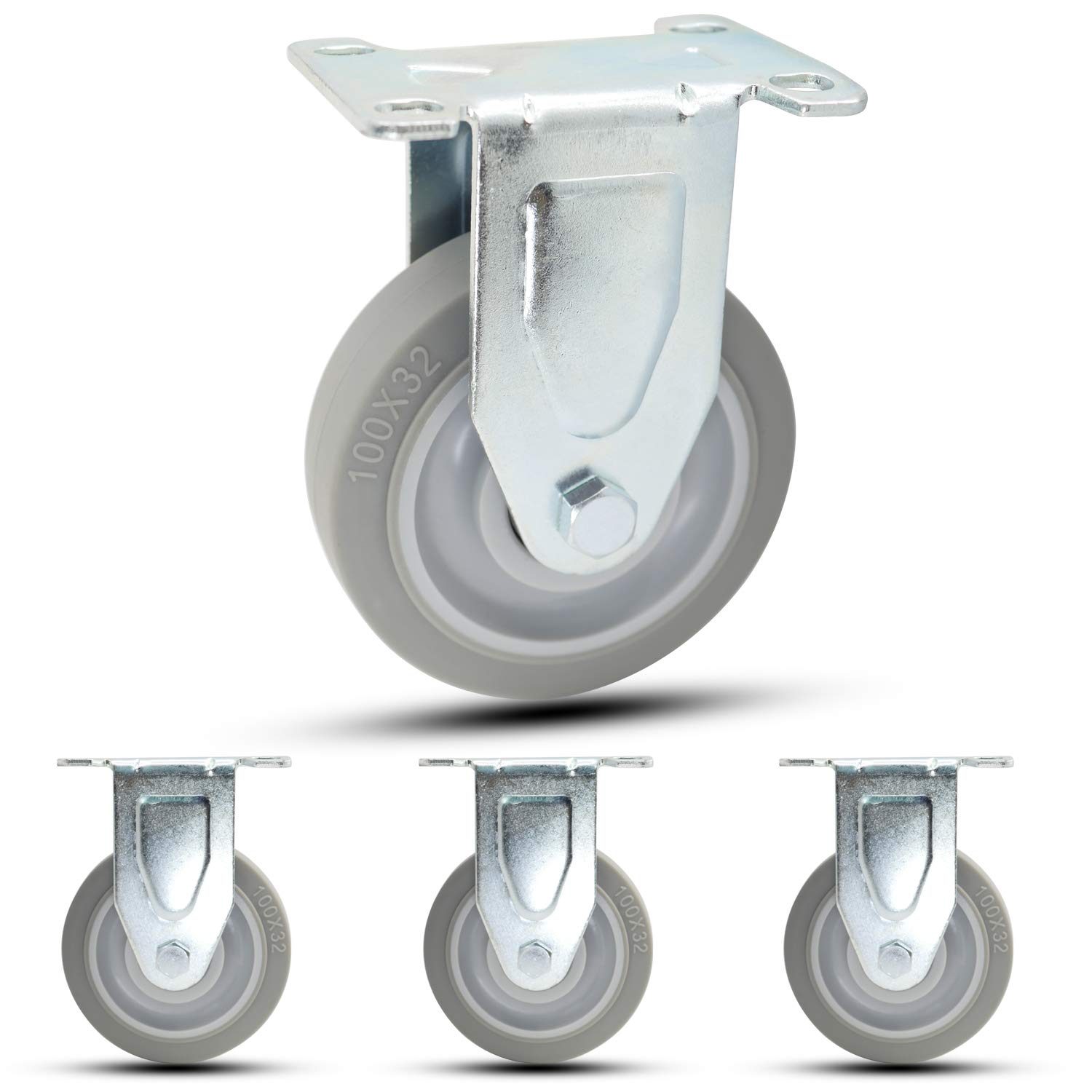 Casoter 4" Top Plate Rigid TPR Caster Without Brake,Set of 4,Elastic ...