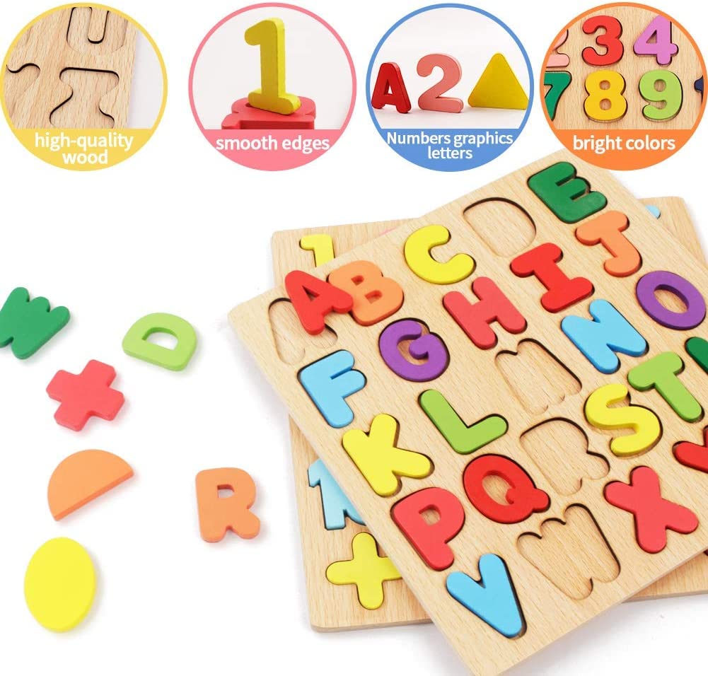 AUTHFORT Wooden Alphabet Puzzles Numbers Count Board Blocks 3 Sets Game ...