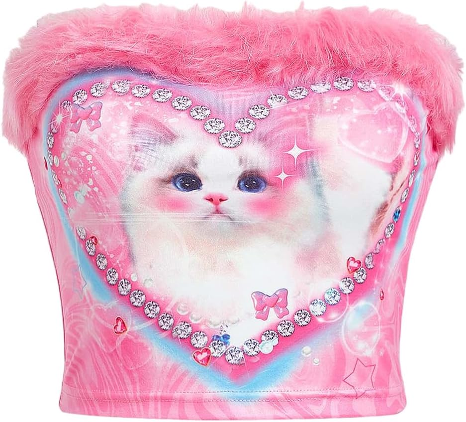 SHENHE Women's Y2k Fuzzy Trim Tube Top Strapless Cat Print Kawaii Slim ...