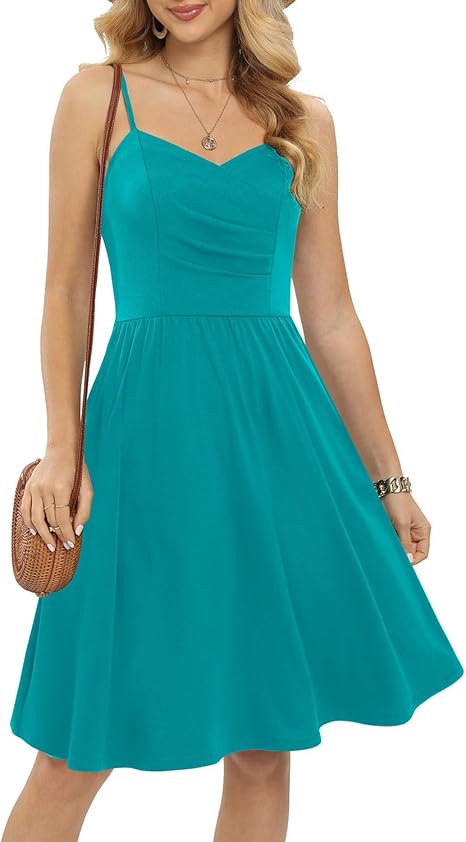 Vestidos femininos com alças finas midi verão franzido rodado casual ...