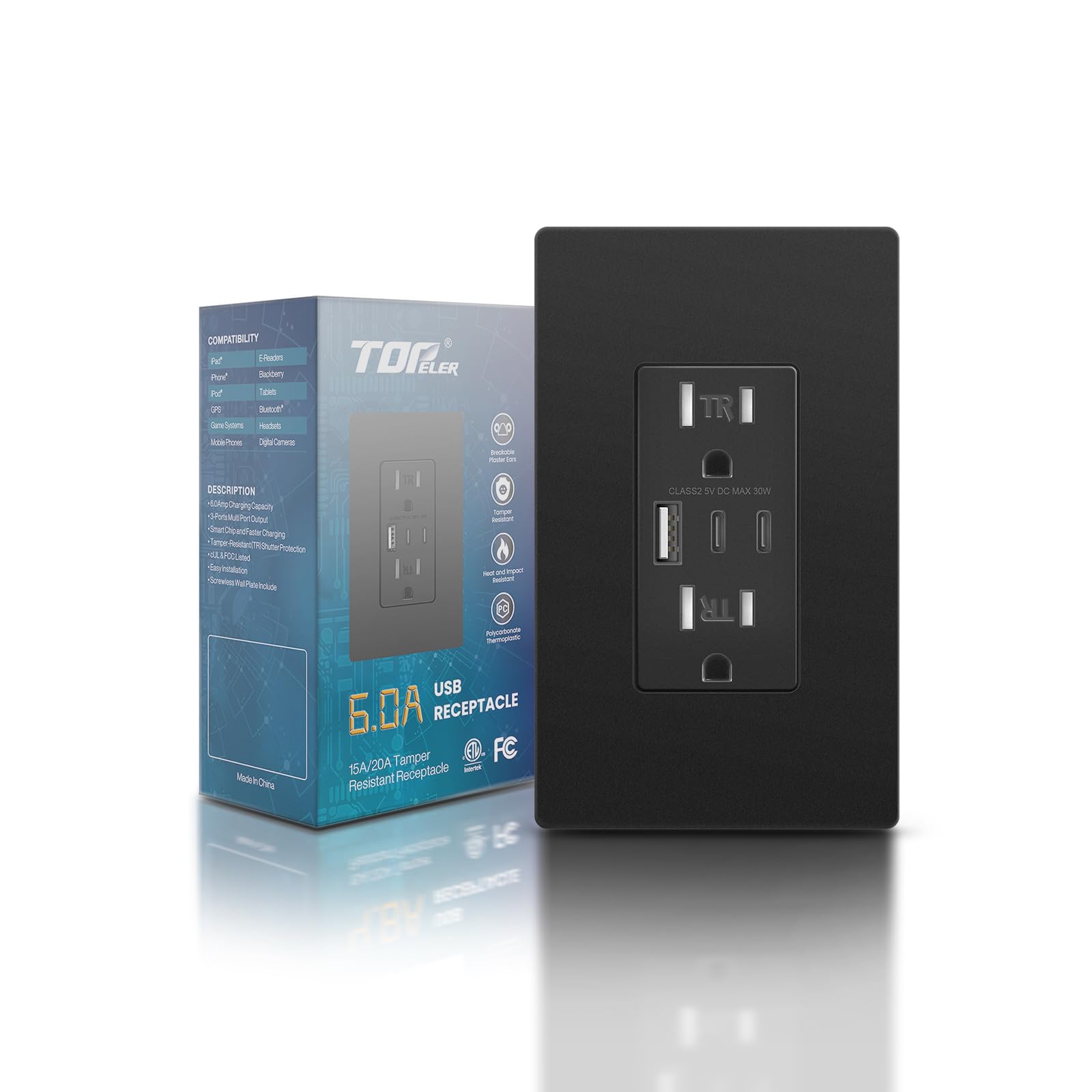 Snapklik.com : TOPELER Black USB C Outlet, 30W 3-Port Type C USB Wall ...