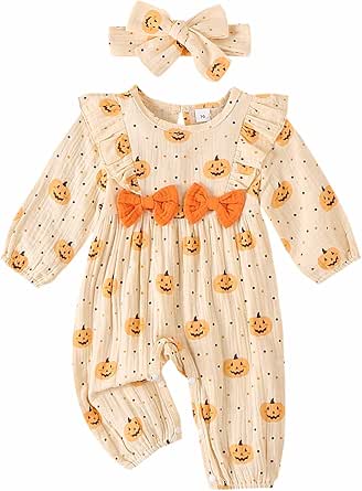 Amazon.com: Infant Baby Girls Fall Halloween Romper Long Sleeve Pumpkin Print Ruffle Jumpsuit ...