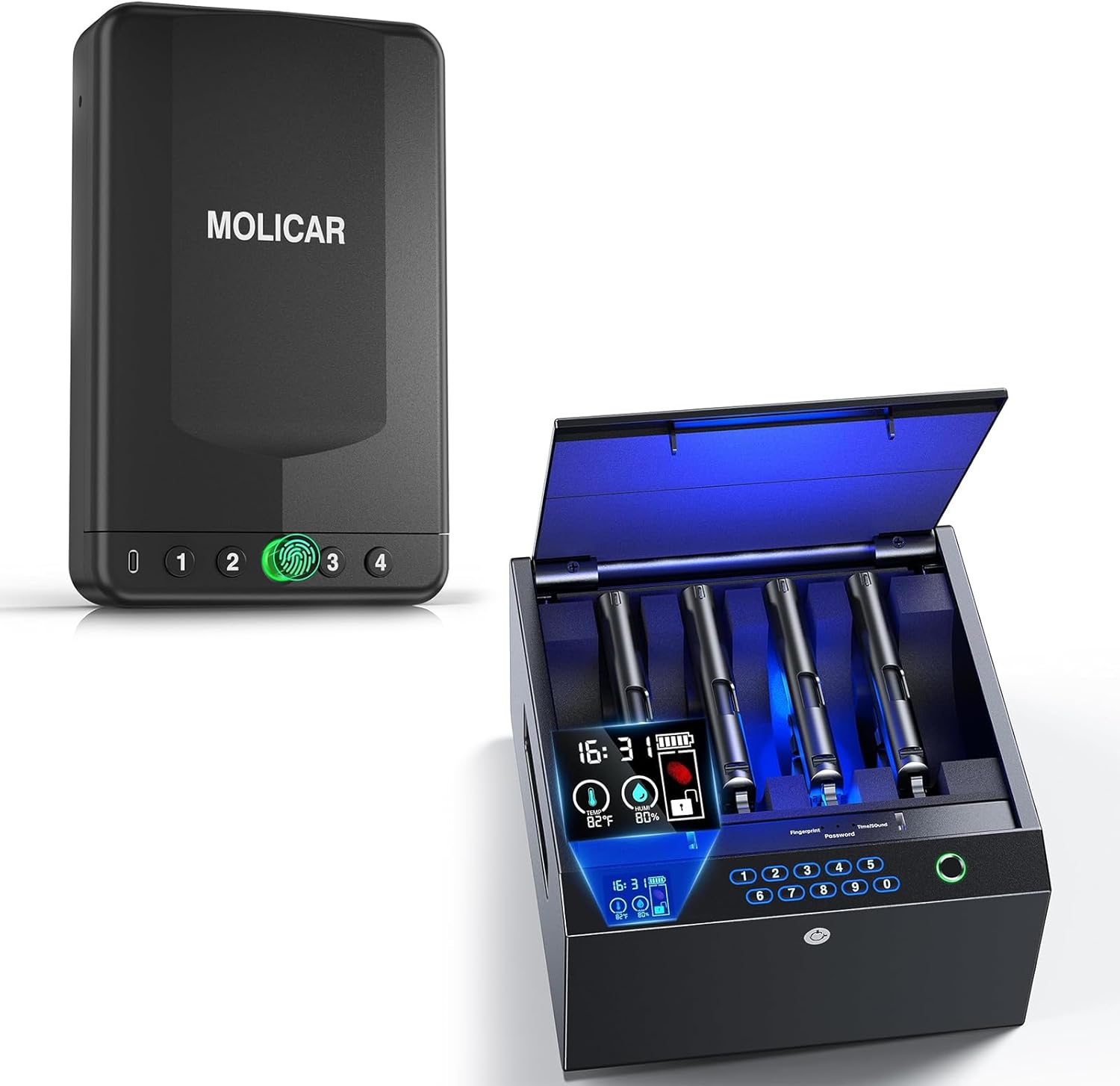 Amazon.com: MOLICAR 4-Pistol Safe with LCD of Temp Humidity Battery ...