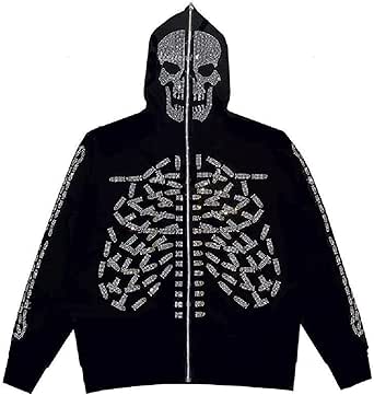 WANGSAURA Women Y2K Sweatshirt Oversized Zip Up Skull Gothic Hoodie Rhinestone Graphic Skeleton ...