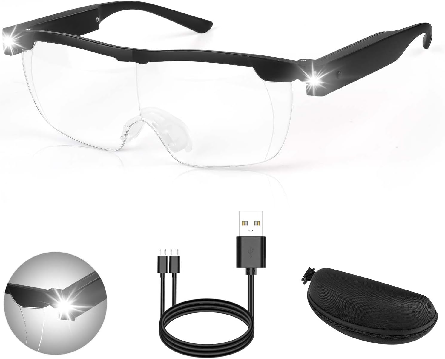 Hands-Free Magnifier Eyeglasses with 2 LED Lights - Lightweight ...