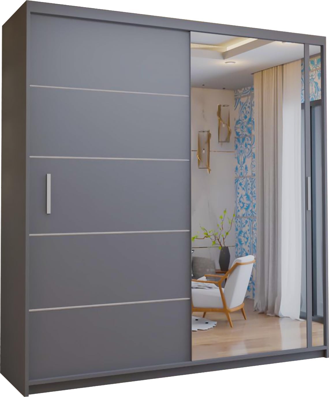 FURNITUREWAVE Vista Double Sliding Door Mirror cupboard, 2 Door cabinet with Hanging Rails ...