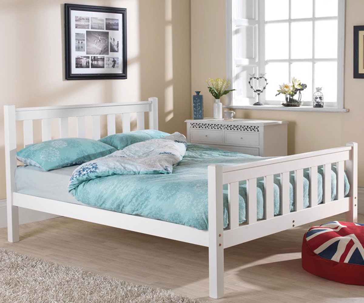 COSMO BUY White Wooden Bed Frame 4FT Pine Wood Bed Frame Small Double Solid Wood Shaker Style ...