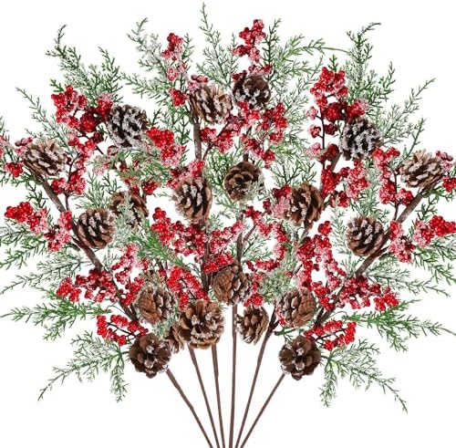 Amazon.com: 6 Pcs Christmas Frosted Red Berries Pine Cones Picks ...