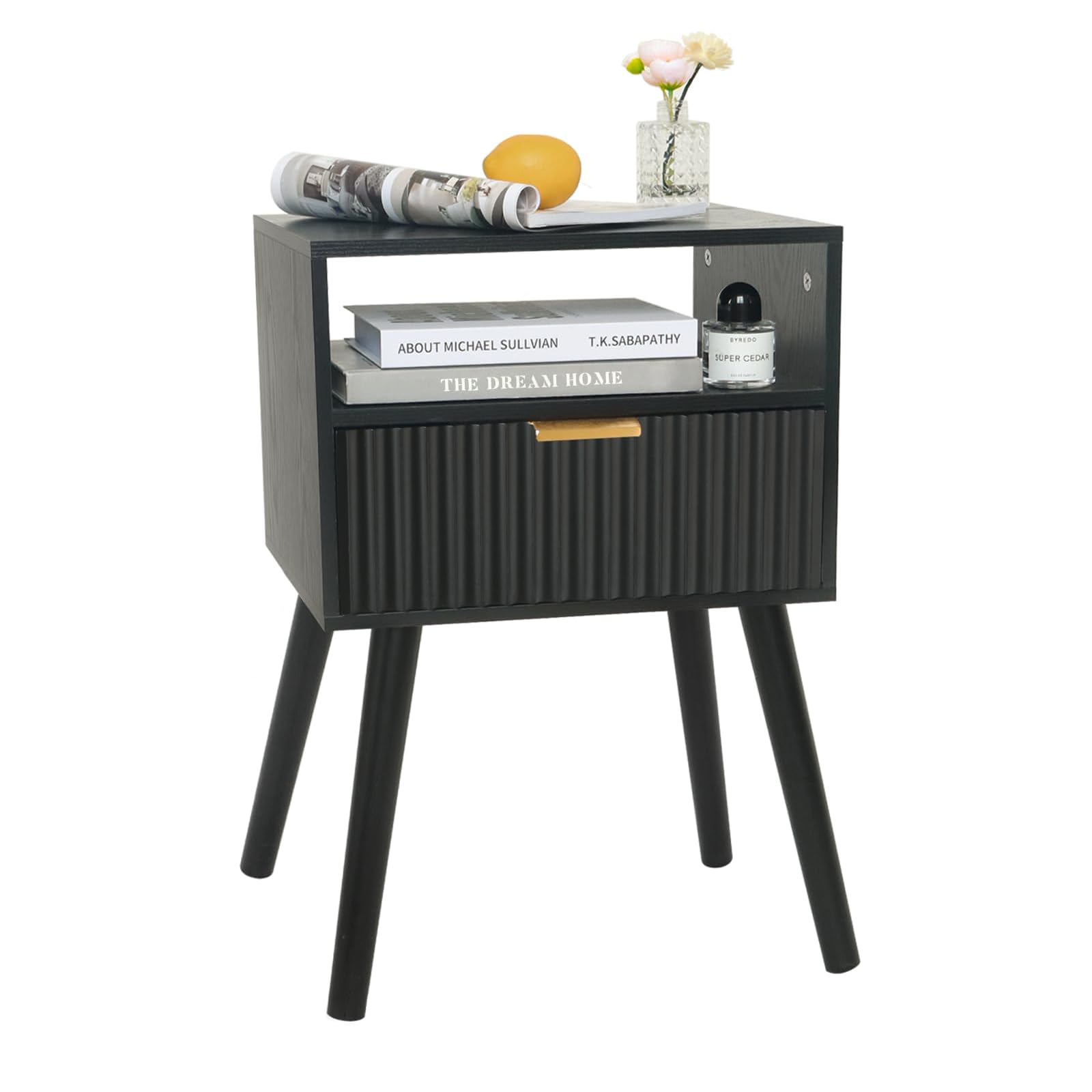 Amazon.com: Fultyle Black Nightstand, Modern Bedside Table with Fluted ...