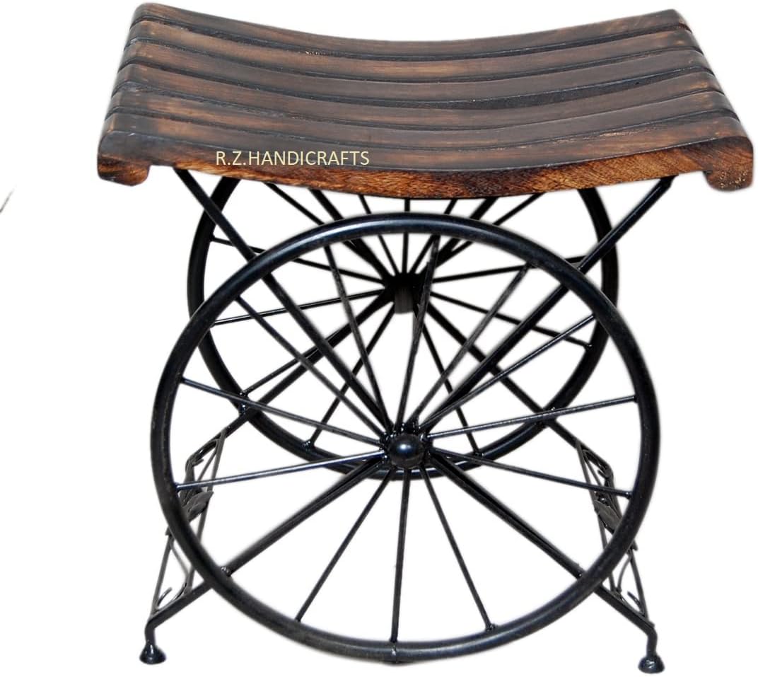 Simran Handicrafts Wooden Iron Stool with Metal Base for Sitting ...