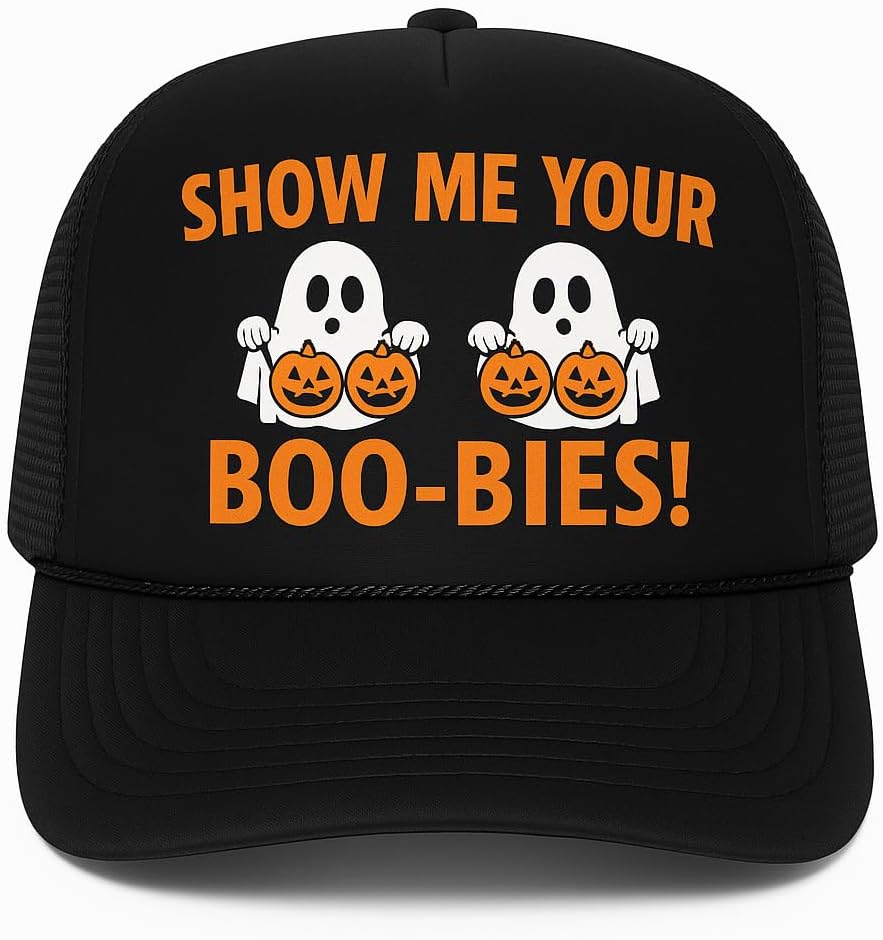 Amazon.com: Funny Halloween Trucker Hat – “Show Me Your Boo-bies” Ghost ...