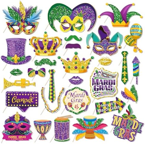 Amazon.com: 30 Piece Mardi Gras Masquerade Photo Booth Props, Glitter ...
