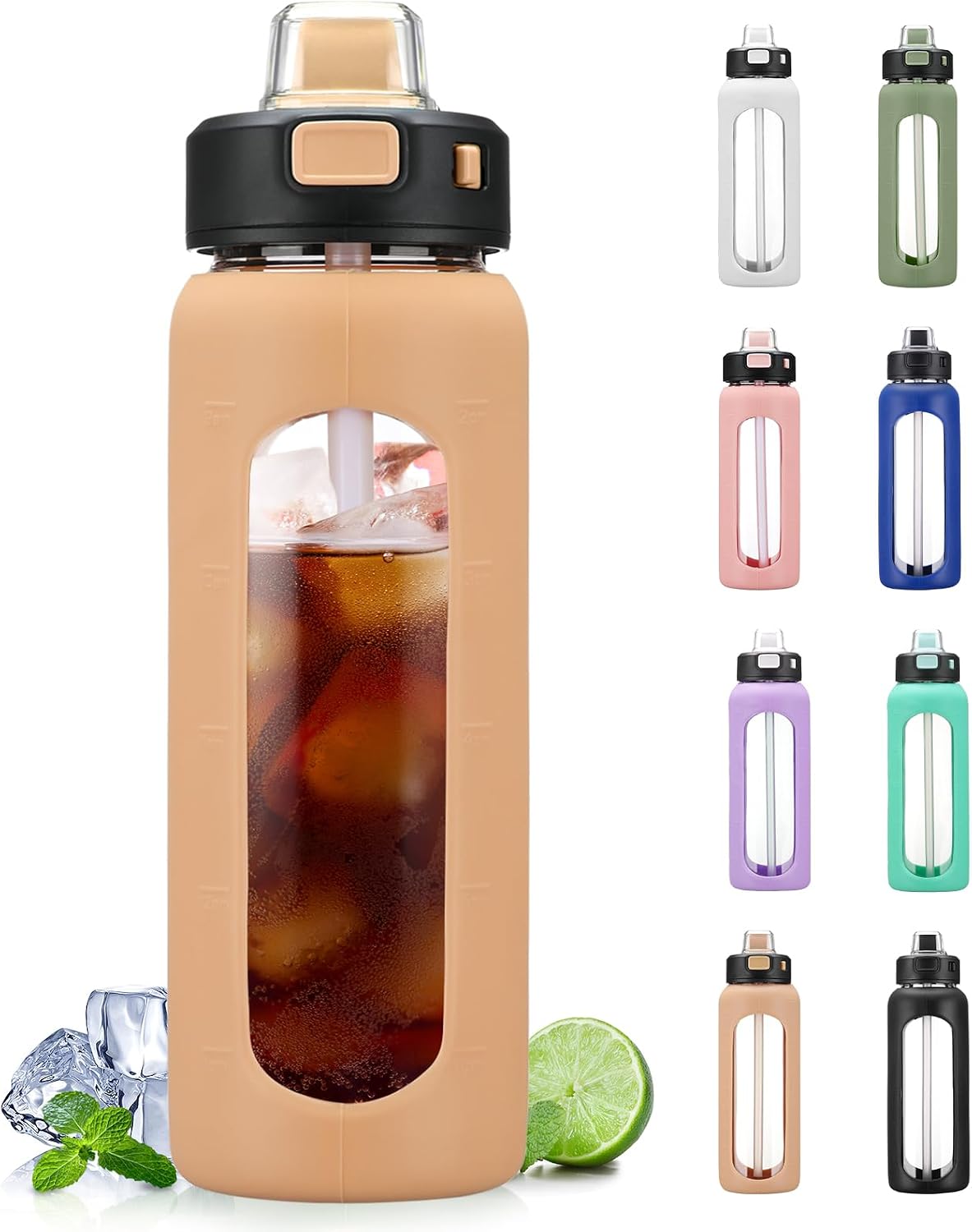 BLUEGO 700ml Glass Water Bottle with Handle and Straw Drinking ...