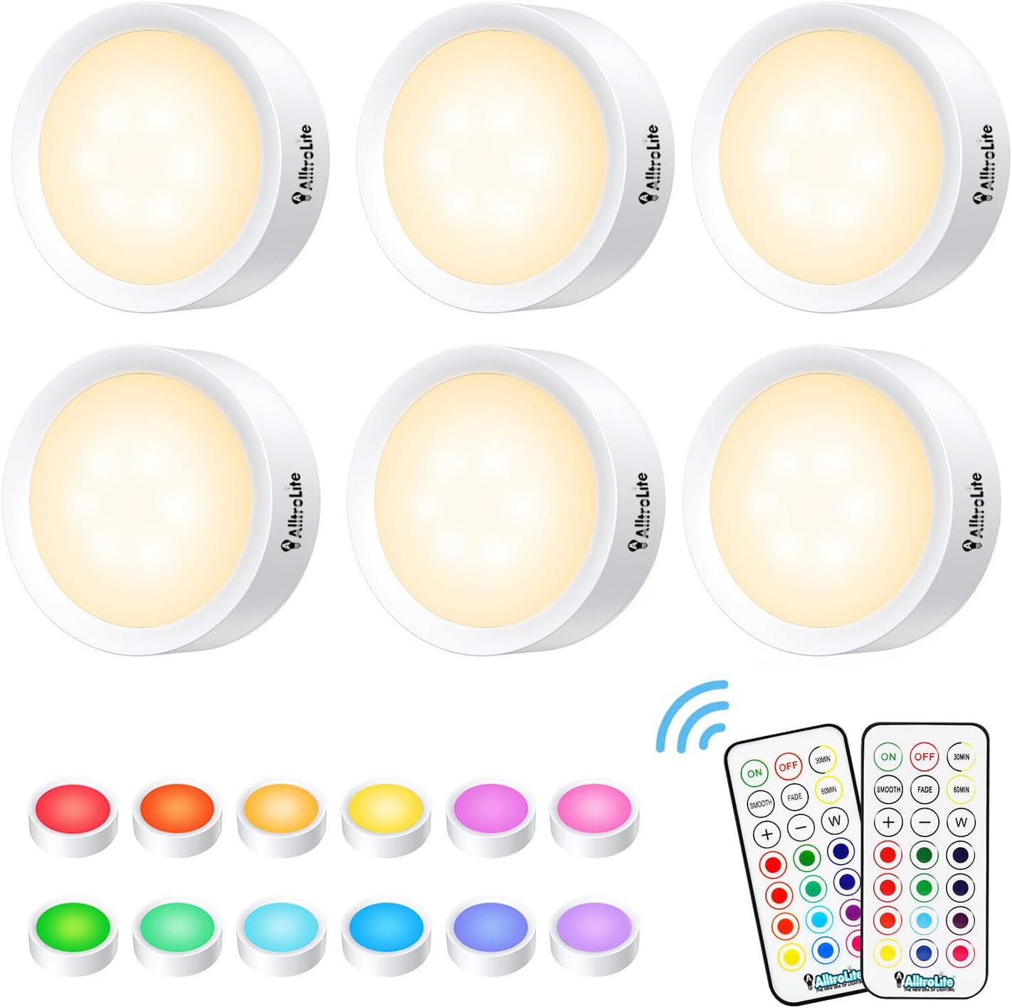 AlltroLite FA7835 Color Changing LED Puck Lights with 2 Remotes (6-Pack ...