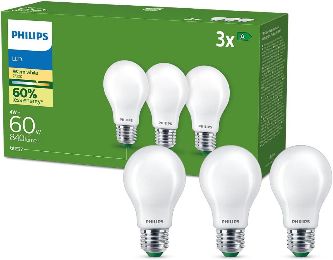 Philips Frosted Ultra-Efficient LED Bulb (3 Pack), E27, 4W Equivalent ...