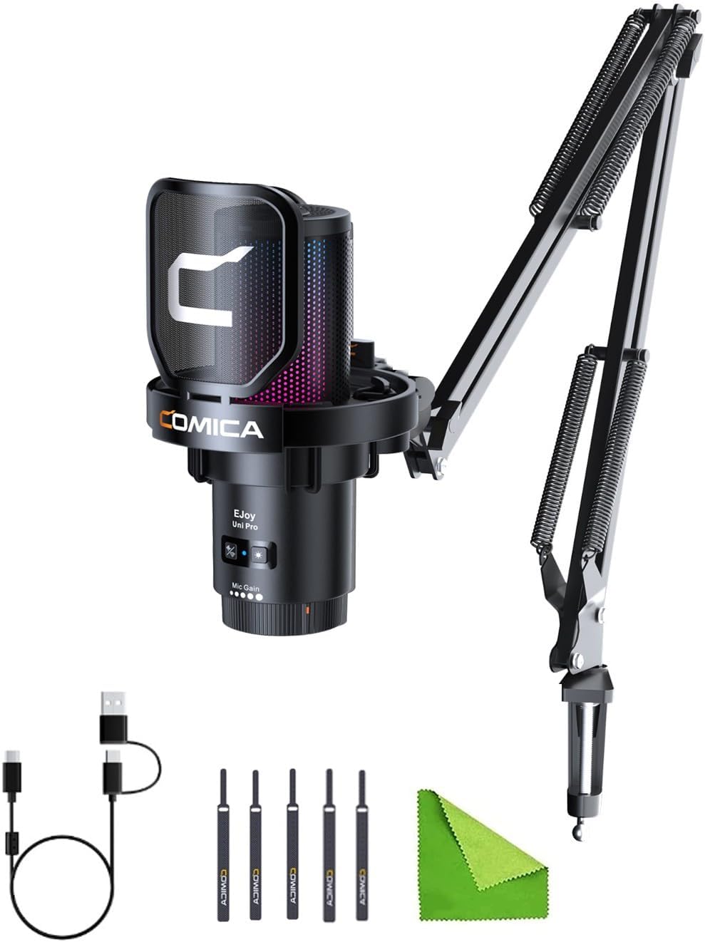 QIUOIO RGB Gaming Microphone with Boom Arm: USB Mic for PC - Streaming ...