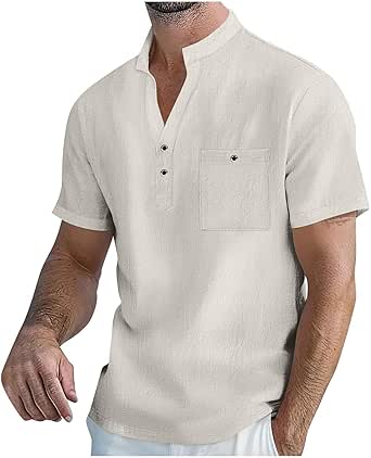 Amazon.com: Henley Shirts for Men Casual Button Up Short Sleeve T-Shirt Cotton Linen Beach ...