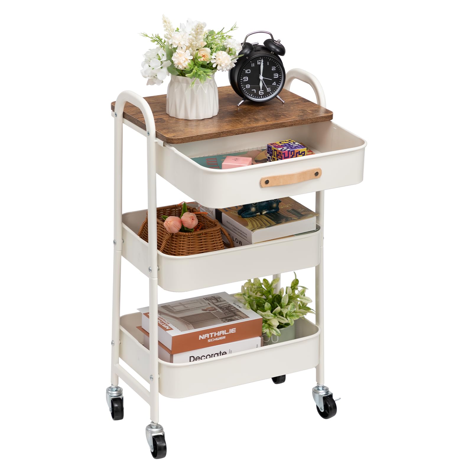 DOEWORKS 3-Tier Metal Storage Cart with Drawer Rolling Trolley Cart ...