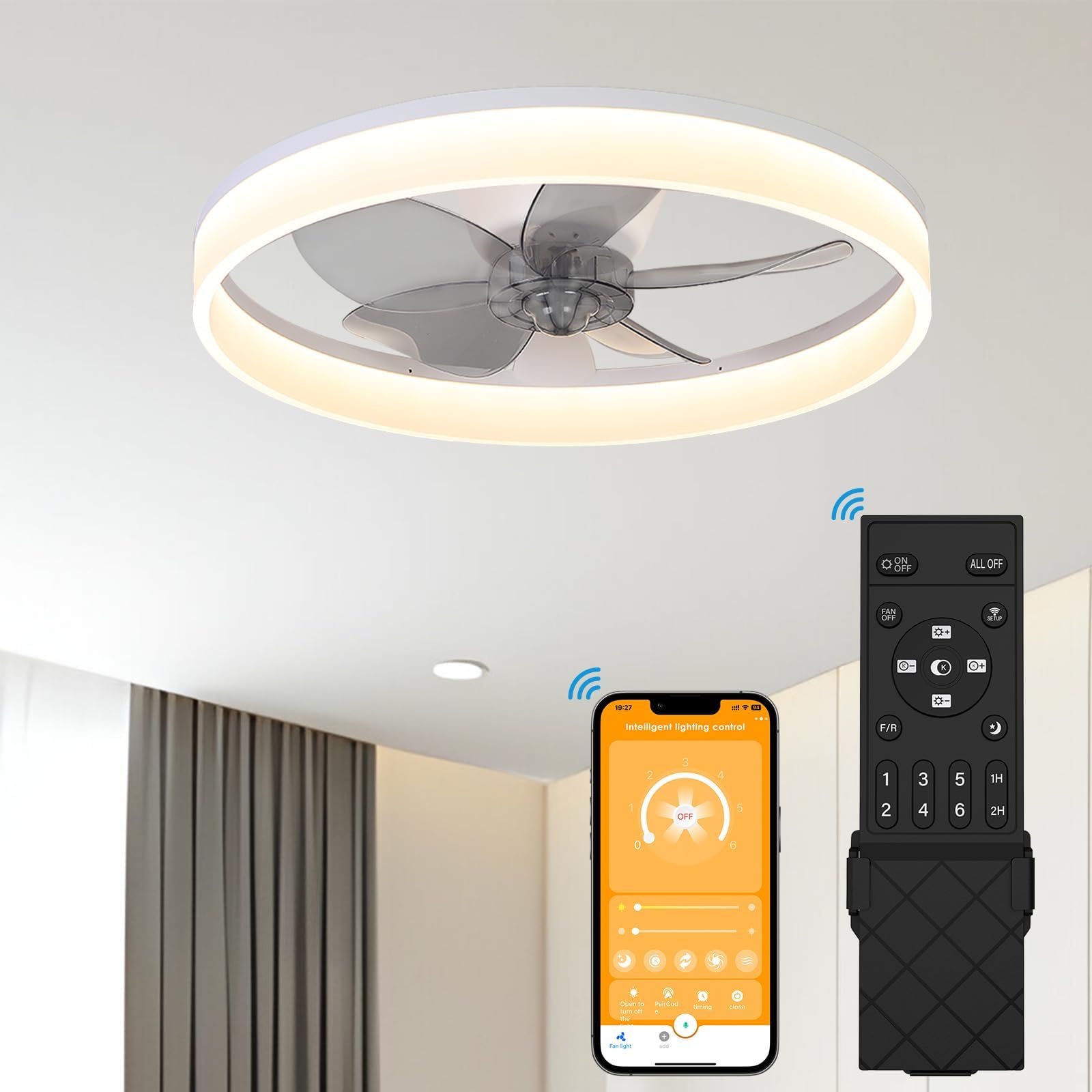 AKT LIGHTING 20” Modern Flush Mount Ceiling Fans with Lights, Smart ...
