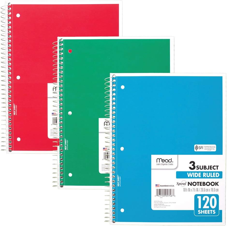 Amazon.com : Mead Spiral Notebooks, 3 Subject, Wide Ruled Paper, 120 ...
