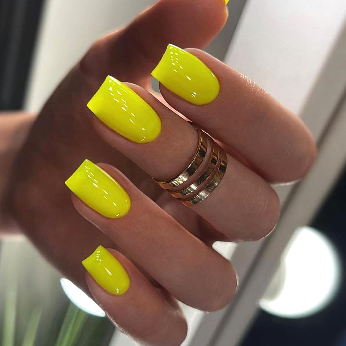 Amazon.com: Yellow Press on Nails Medium Coffin Fake Nails with Glue ...