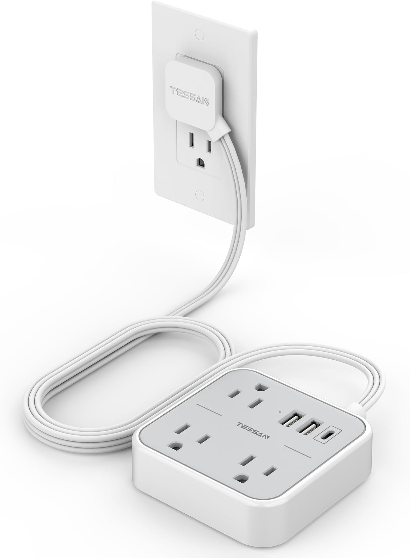 Flat Plug Power bar with 3 USB Ports(1 USB C), TESSAN Ultra Thin Flat ...