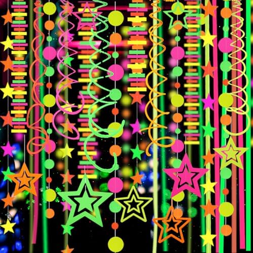 Amazon.com: 90ft Paper UV Round Neon Garland Stars Neon Streamers Black ...
