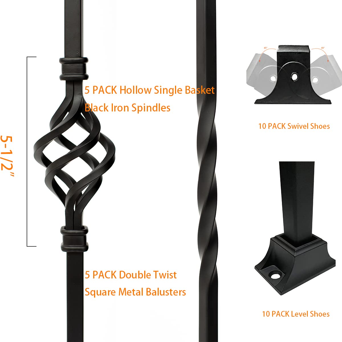 1/2 inch Wrought Iron Balusters 1/2" x 44" Hollow Single Basket Black ...