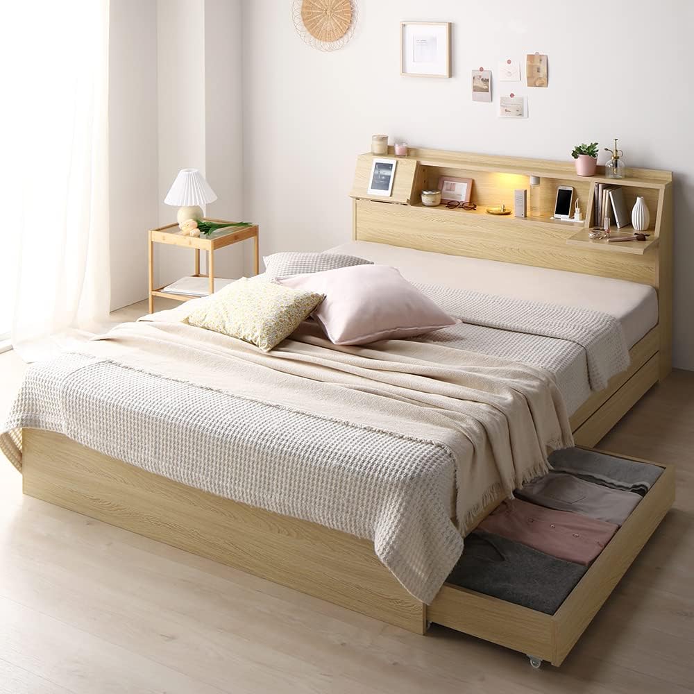 Amazon｜RASIK ベッド シングル ベッドフレームのみ フラップ扉 照明 棚 収納付き ナチュラル ベット Rebertio リバーティオ｜ベッドフレーム オンライン通販