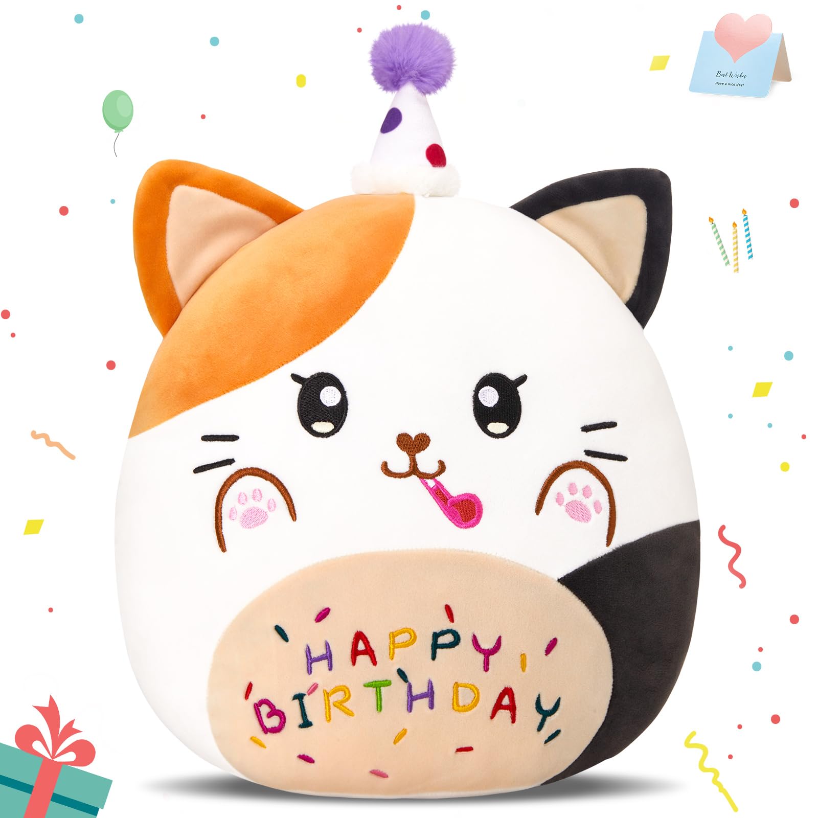 Amazon.com: CozyWorld 12” Birthday Cat Plush Pillow,Cute Cat Birthday ...