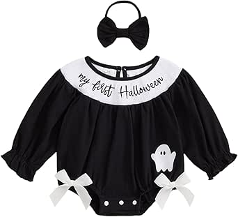Amazon.com: FOMOYUU Newborn Baby Girl Halloween Outfit Ghost Face Embroidered Plaid Doll Collar ...