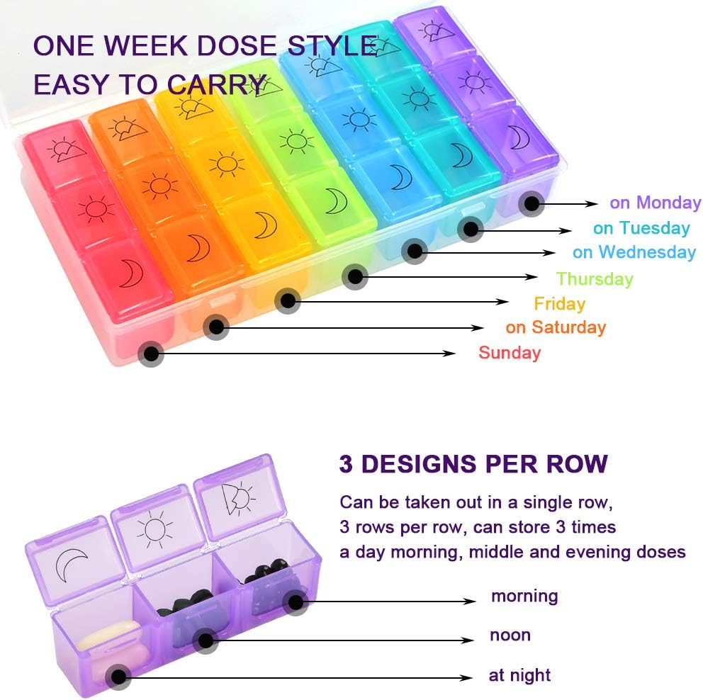 7 Day Pill Box Organiser 3 Times a Day, Weekly Pill Box Case with 21 ...