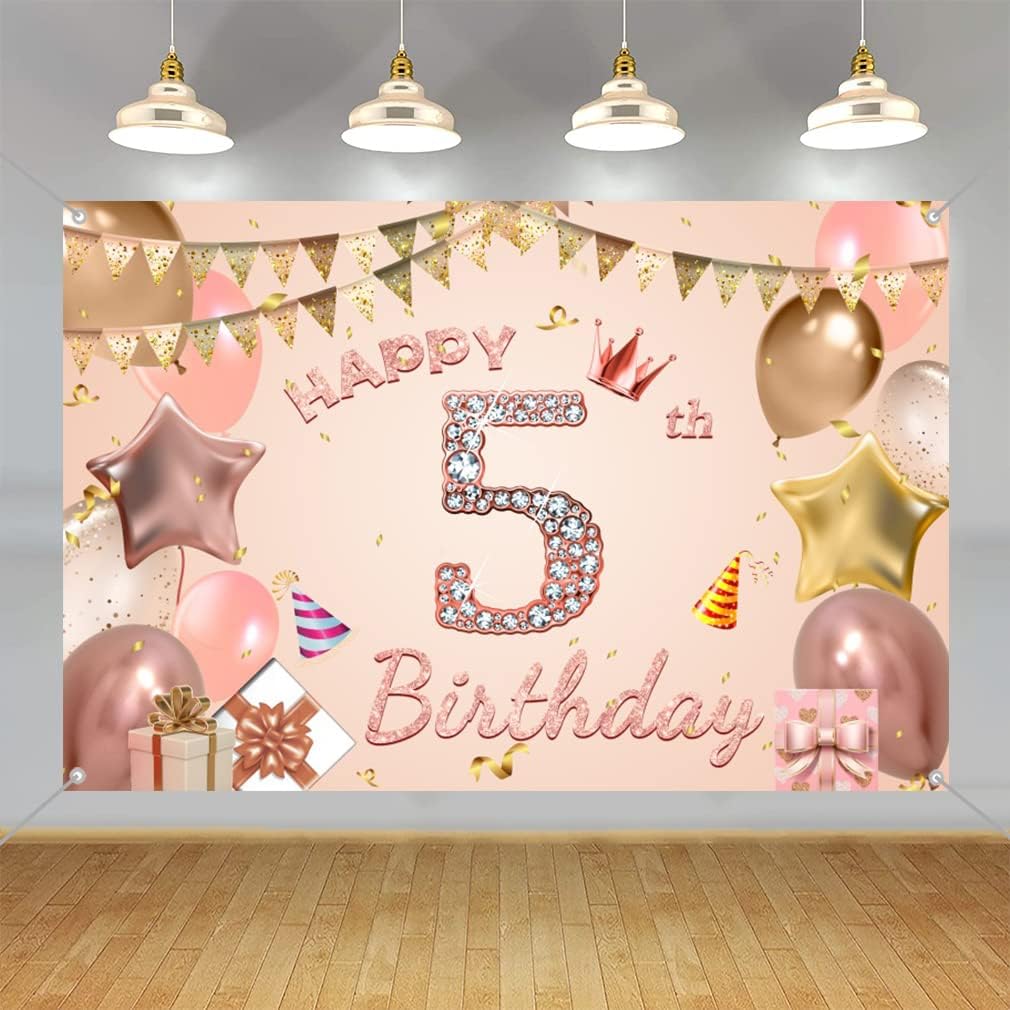 Amazon.com : Happy 5th Birthday Decorations Backdrop Banner for Girls Happy 5 Years Old Party ...