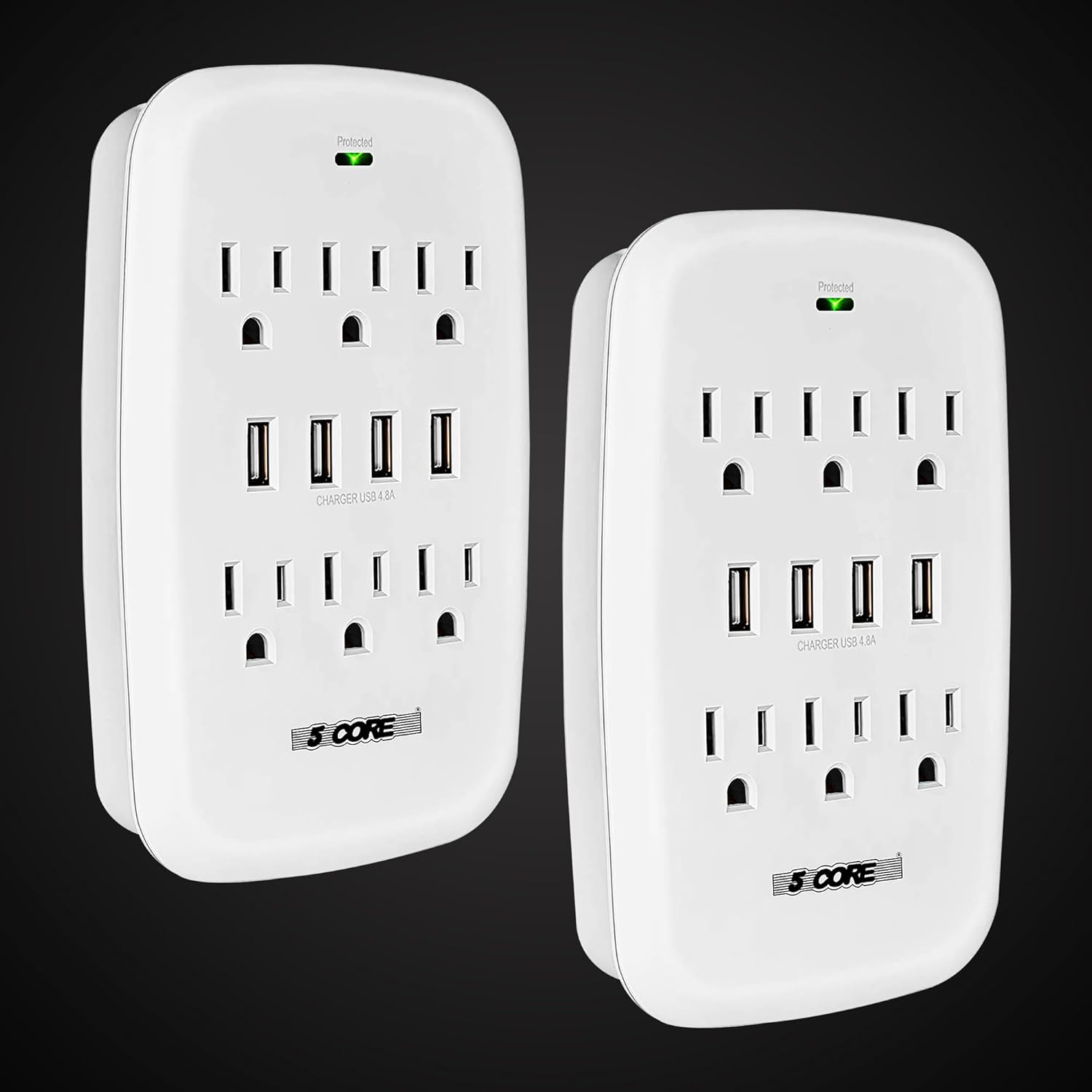 5 Core 2 Pack 6 Outlet Wall Plug Extender with 4 USB Ports (4.8A Total ...