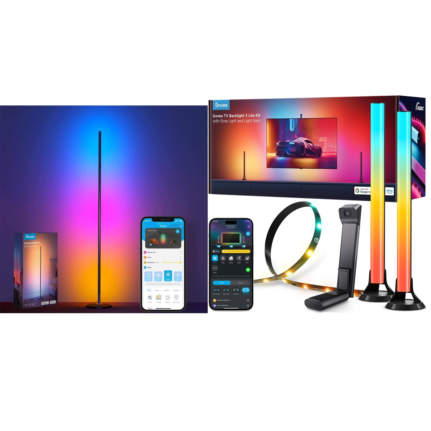 Govee RGBIC Floor Lamp bundle TV Backlight 3 Lite Kit, 11.8ft RGBICW Wi ...
