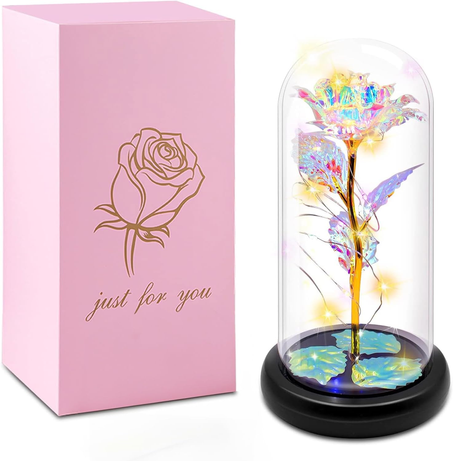 Garselay Kit de Rosas Flores Conservadas en Cúpula de Cristal con Luces LED - Bella y Bestia ...