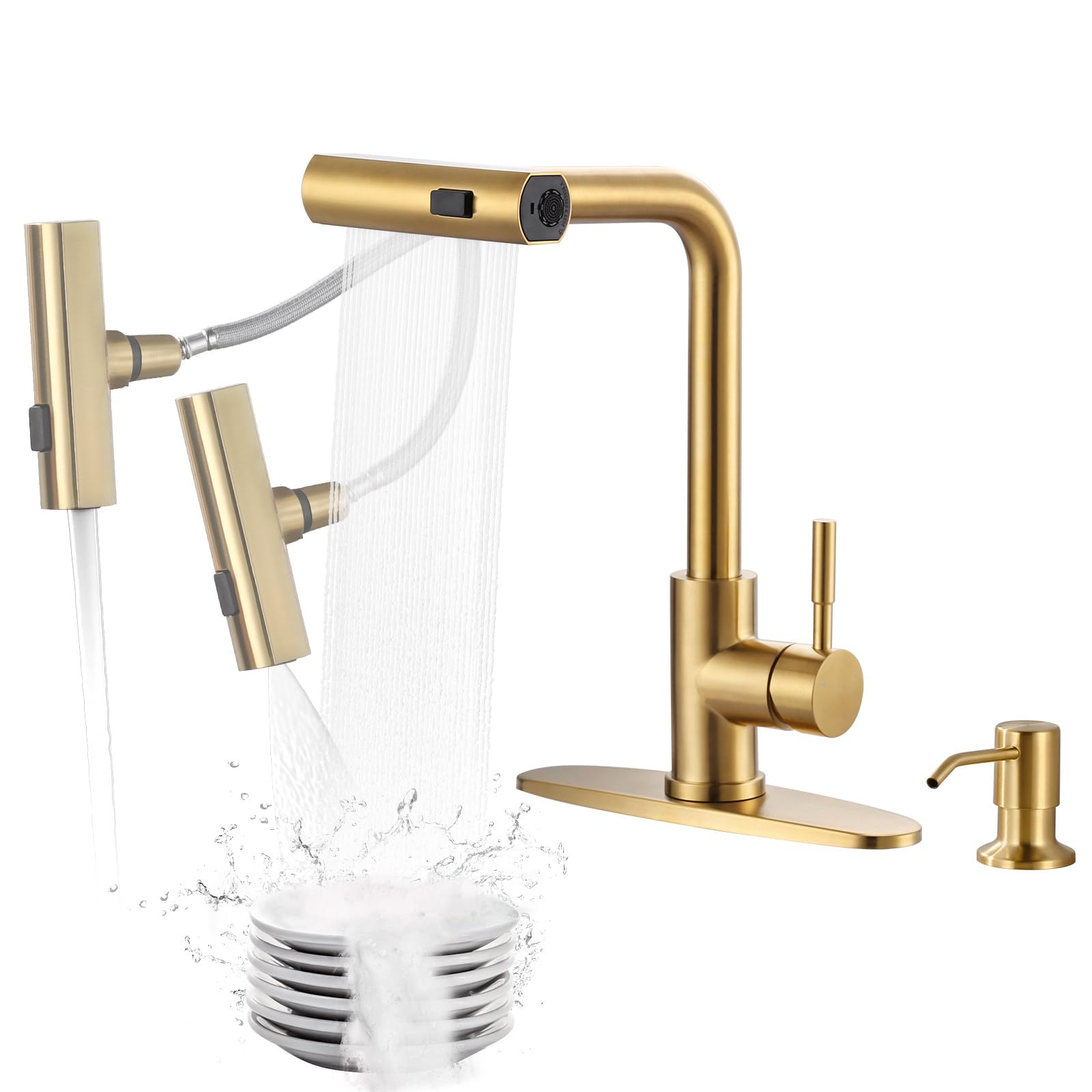 iVIGA Waterfall Kitchen Faucet with Soap Dispenser: Gold Kitchen Faucet ...