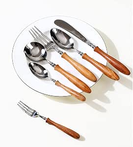 Amazon.com | 24-Piece Wood Handle Flatware Set, Wood Handle Silverware ...