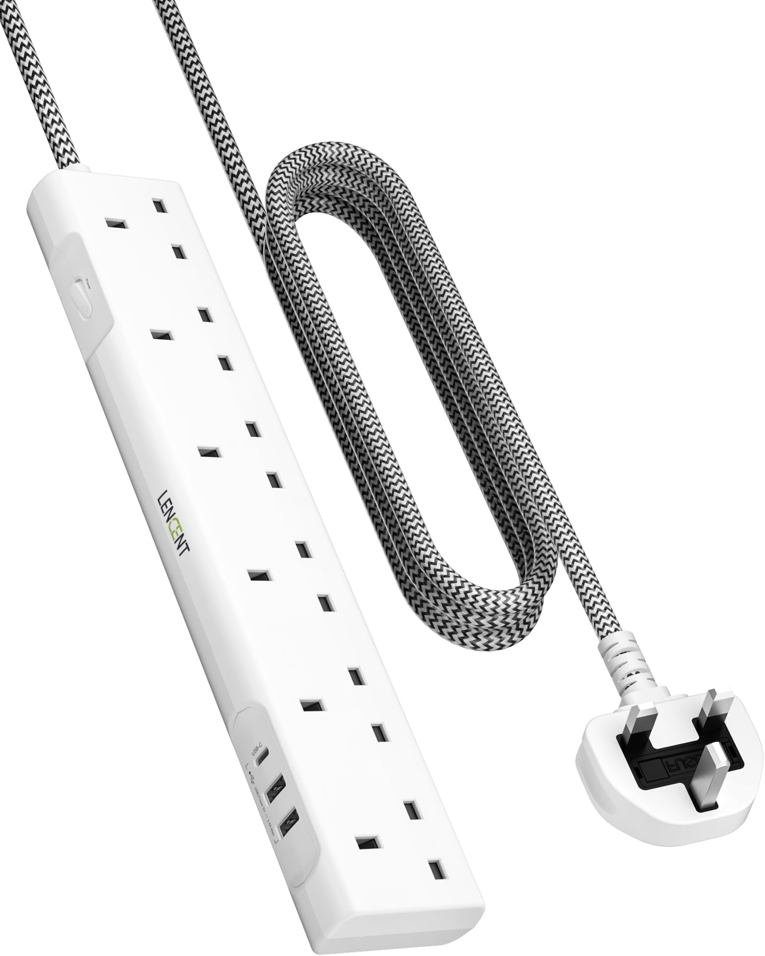 LENCENT Extension Lead with USB C Port, 3250W 13A, 6 Way Outlets Power ...