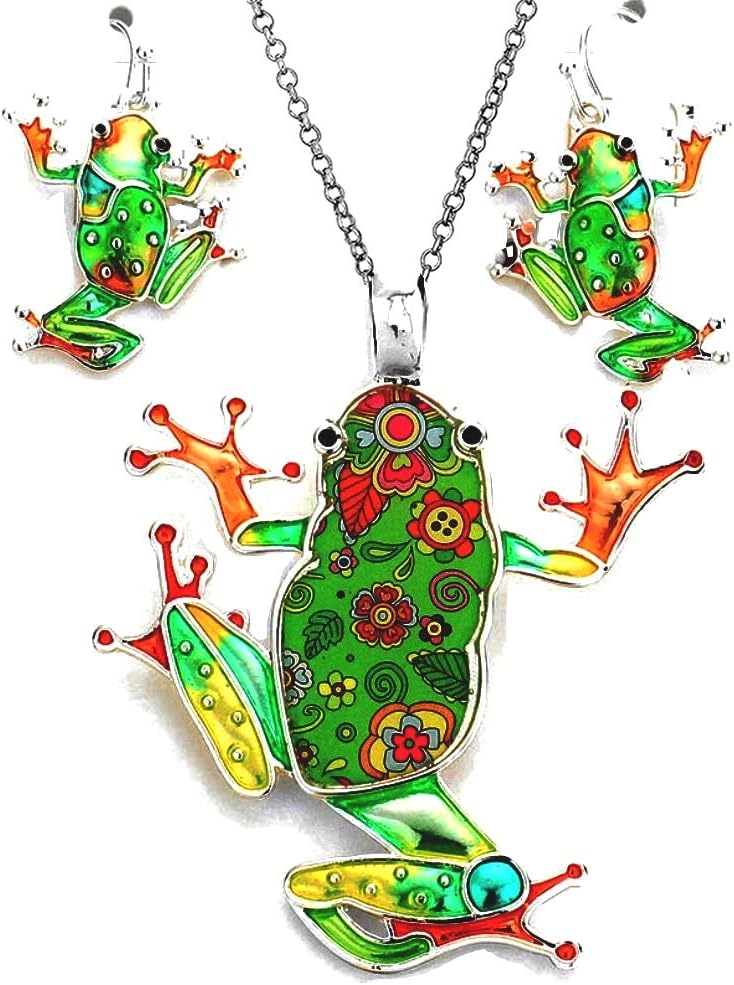 Amazon.com: DianaL Boutique Art Design Silver Tone Frog Pendant Necklace and Earrings Set with ...