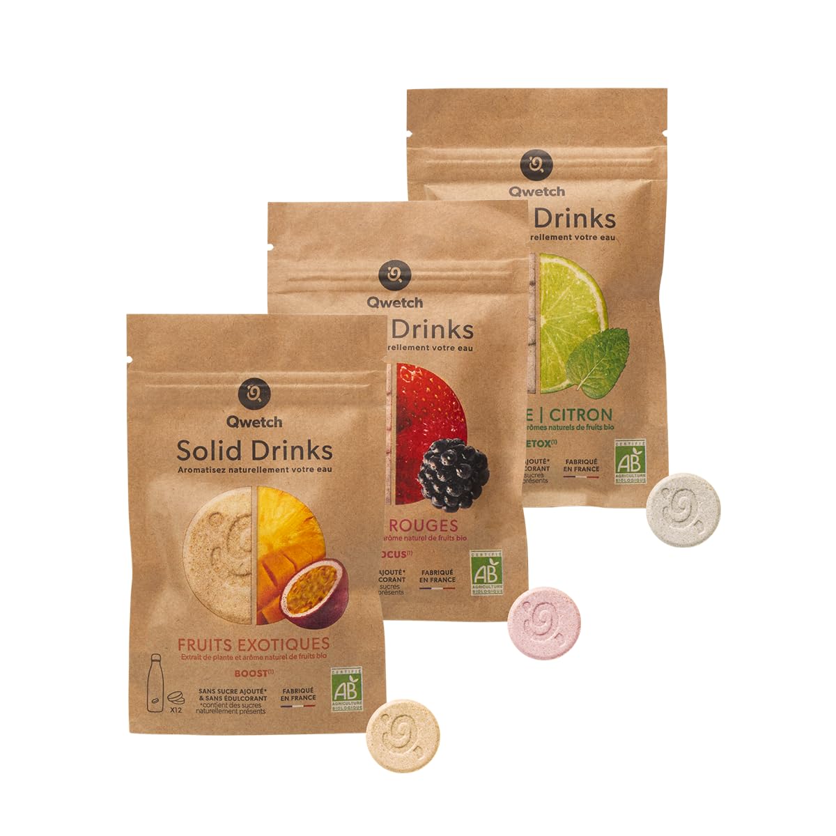 Qwetch - Solid Drinks Bio Pack Découverte 3 Saveurs - 36 Pastilles pour ...